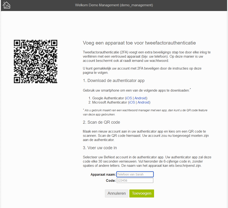 Tweefactorauthenticatie (2FA) serviceportaal – BeNext