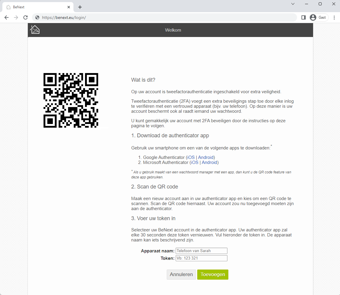 Tweefactorauthenticatie (2FA) serviceportaal – BeNext